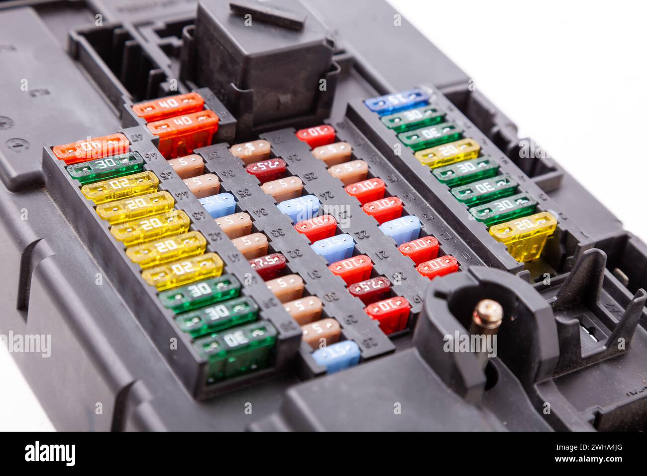 Automotive fuses box in different colors and each color is responsible ...
