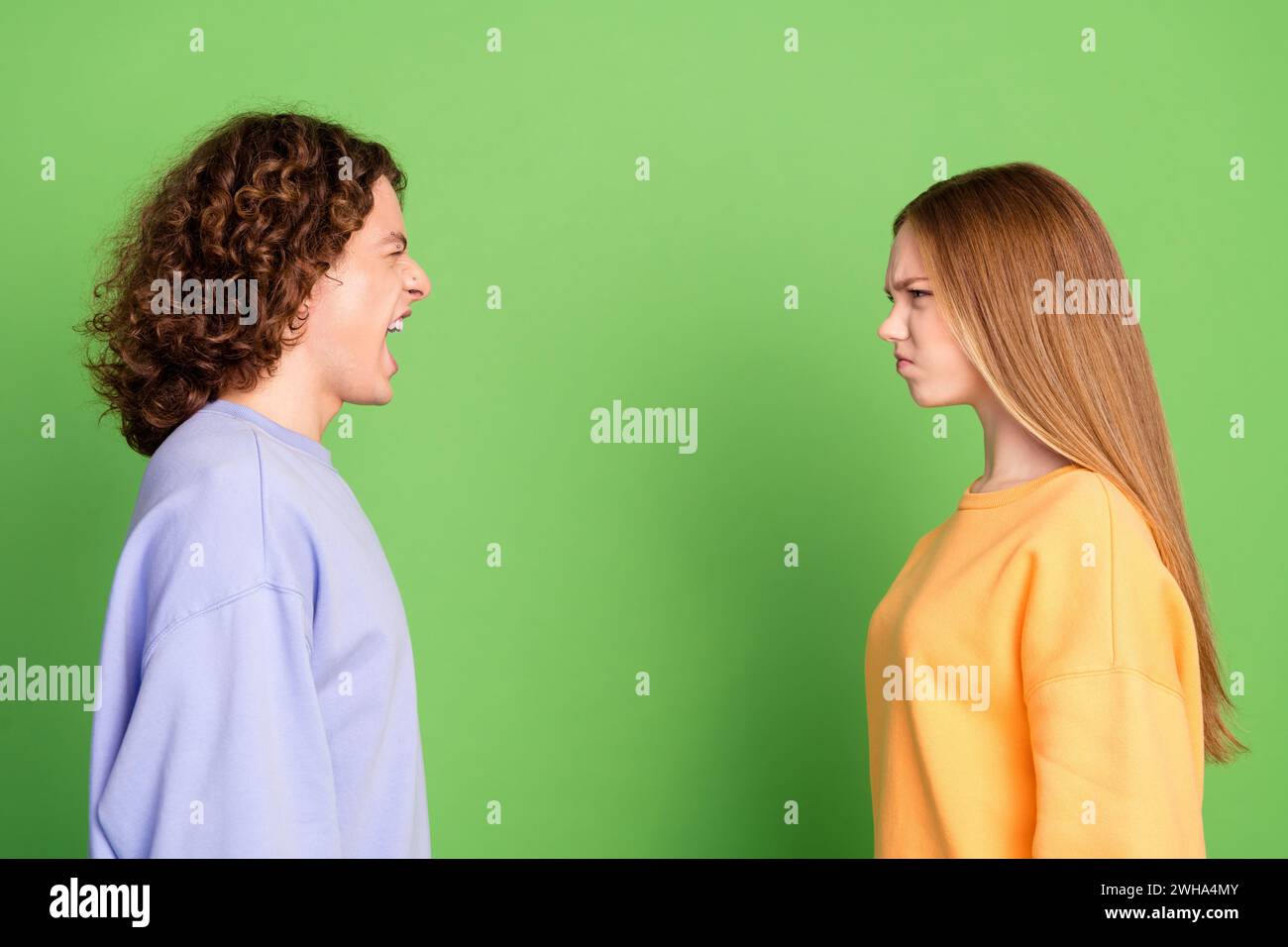 Profile photo of two mad crazy outraged people shout look each other ...