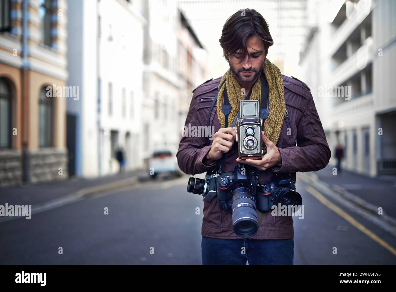 Vintage, camera and photographer in city for photoshoot with ...