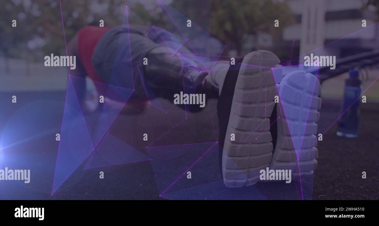 Image of purple communication network over male athlete with prosthetic ...