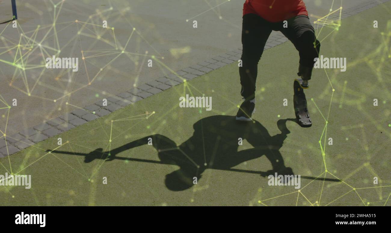 Image of yellow communication network over male athlete with running ...