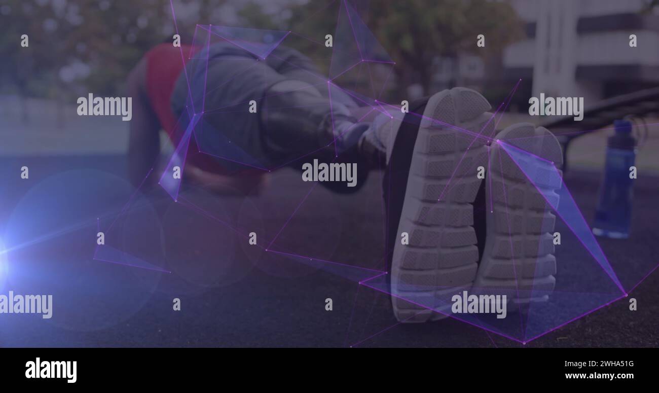 Image of purple communication network over male athlete with prosthetic ...
