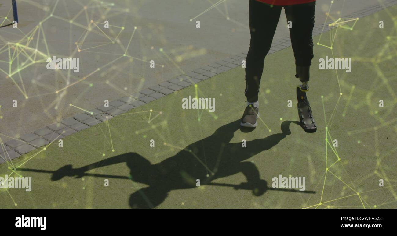 Image of yellow communication network over male athlete with running ...