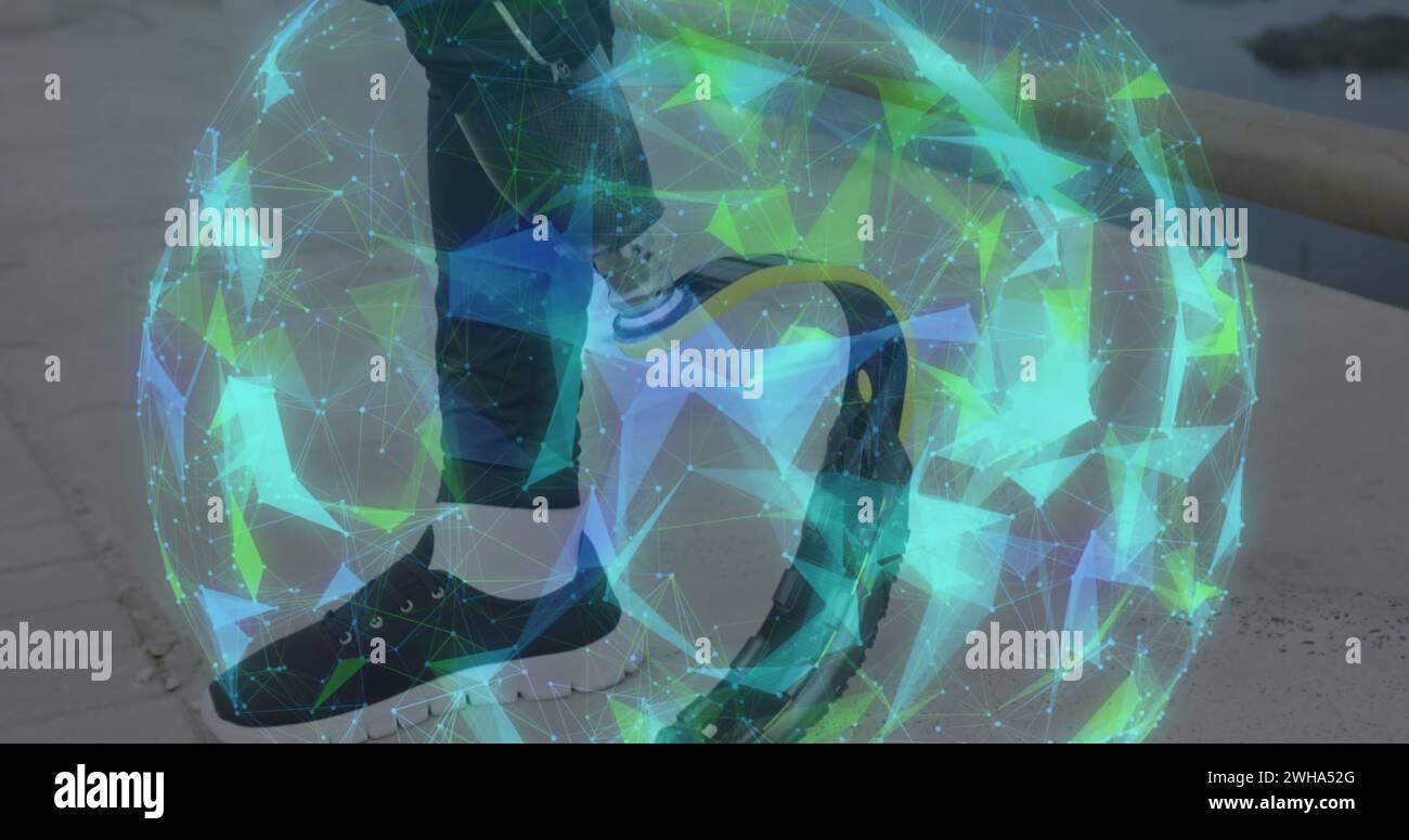 Image of glowing spherical network rotating over male athlete with ...