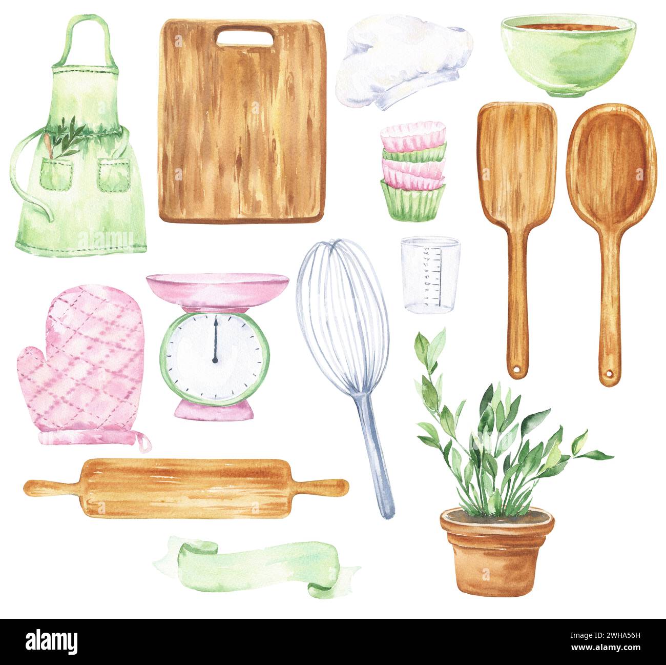Watercolour kitchen utensils set. Retro illustration Stock Photo - Alamy