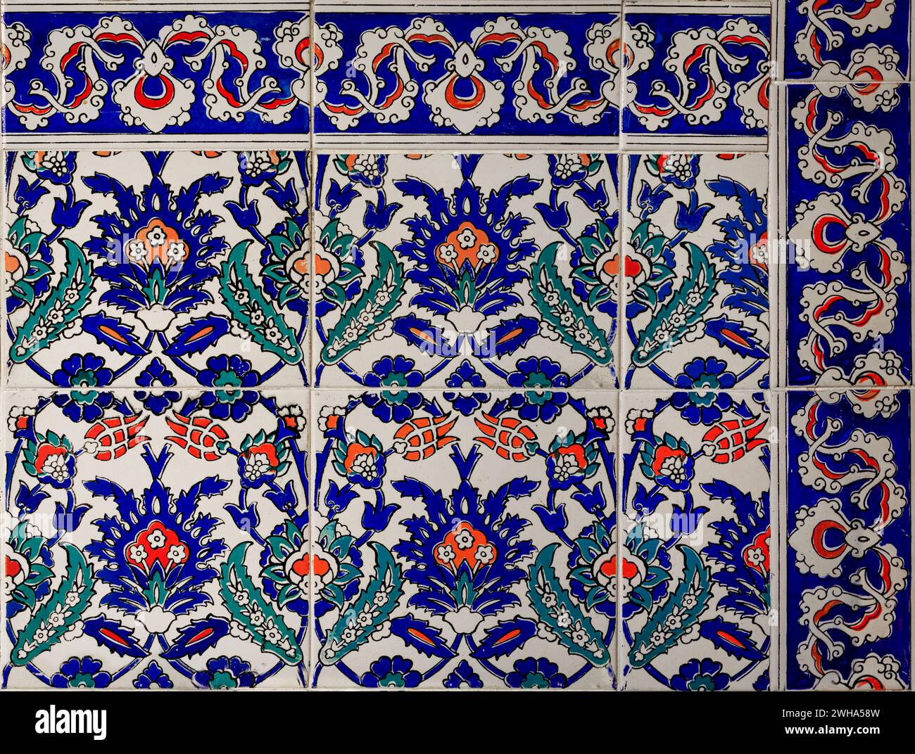 Ornate blue and red handmade Turkish Iznik mosaic tiles with floral ...