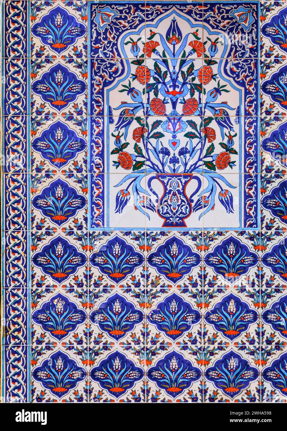 Ornate blue and red handmade Turkish Iznik mosaic tiles with floral ...