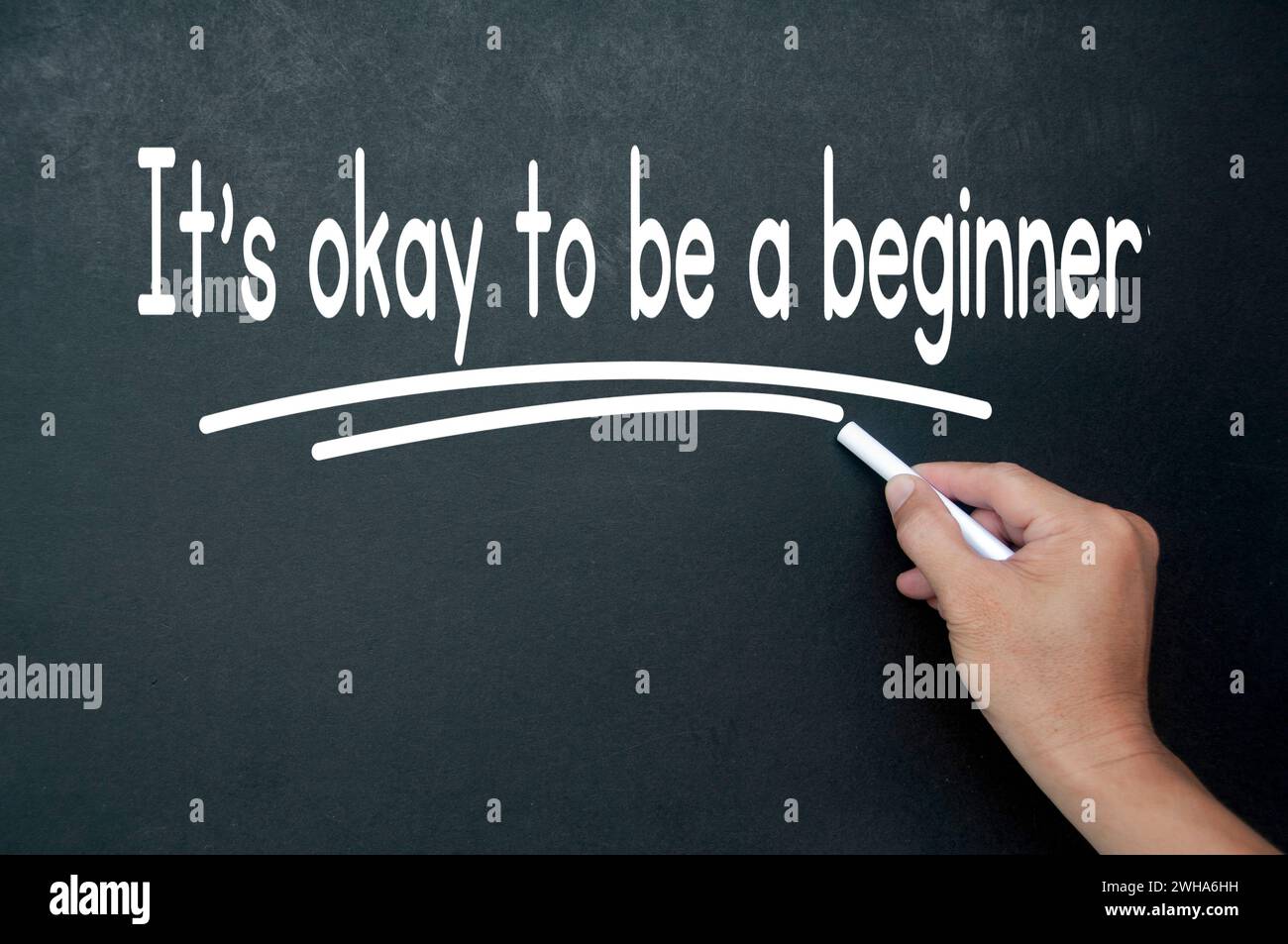 Hand writing It is okay to be a beginner affirmation on black board ...