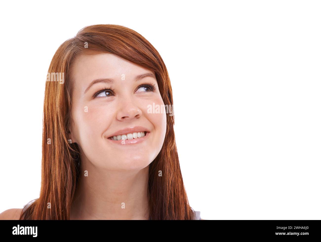 Woman, face and thinking or smile in studio for problem solving ...