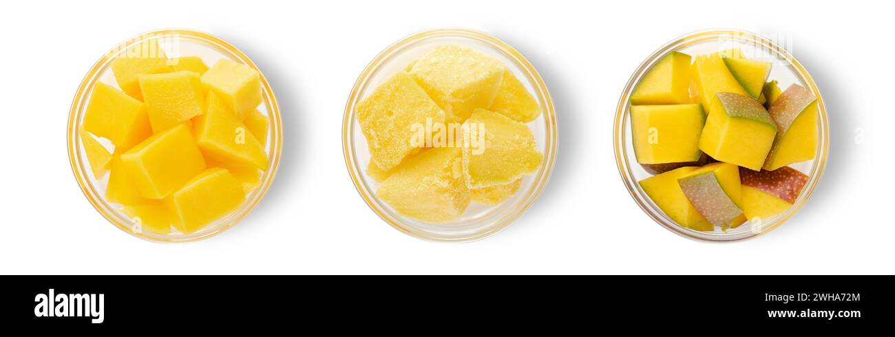 Slices of ripe mango with skin and frozen bites on white background.Top ...