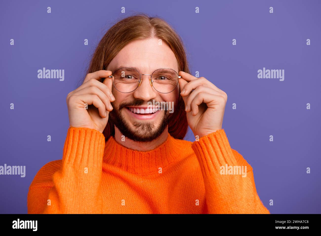 Closeup photo of cheerful satisfied blond hair man bearded programmer ...