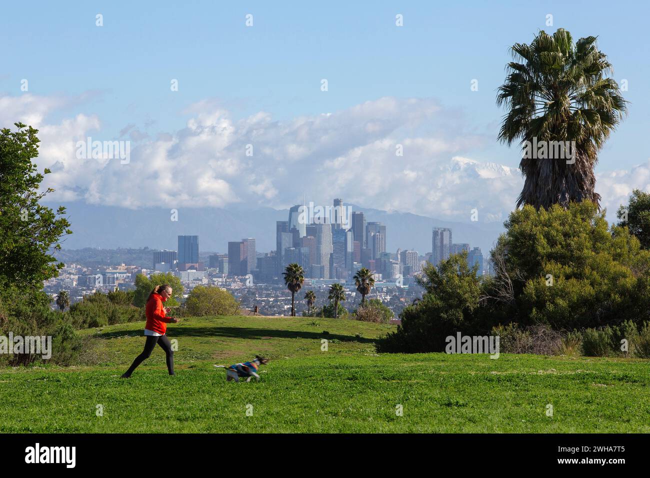 Woman and dog in Kenneth Hahn State Recreation Area, with beautiful ...