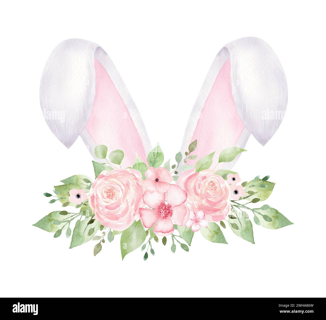 Watercolor Easter Bunny ears with flowers isolated on white background ...