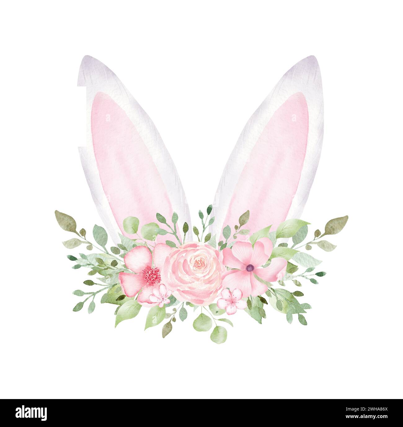Watercolor Easter Bunny ears with flowers isolated on white background ...