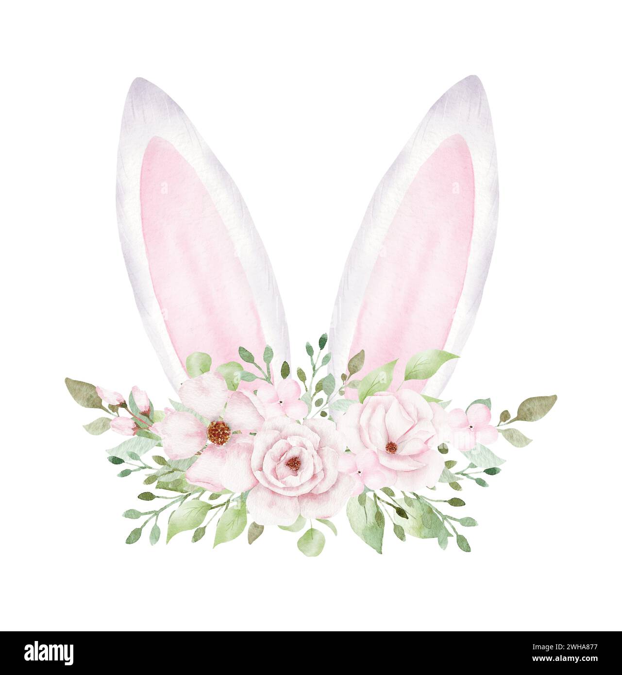Watercolor Easter Bunny ears with flowers isolated on white background ...