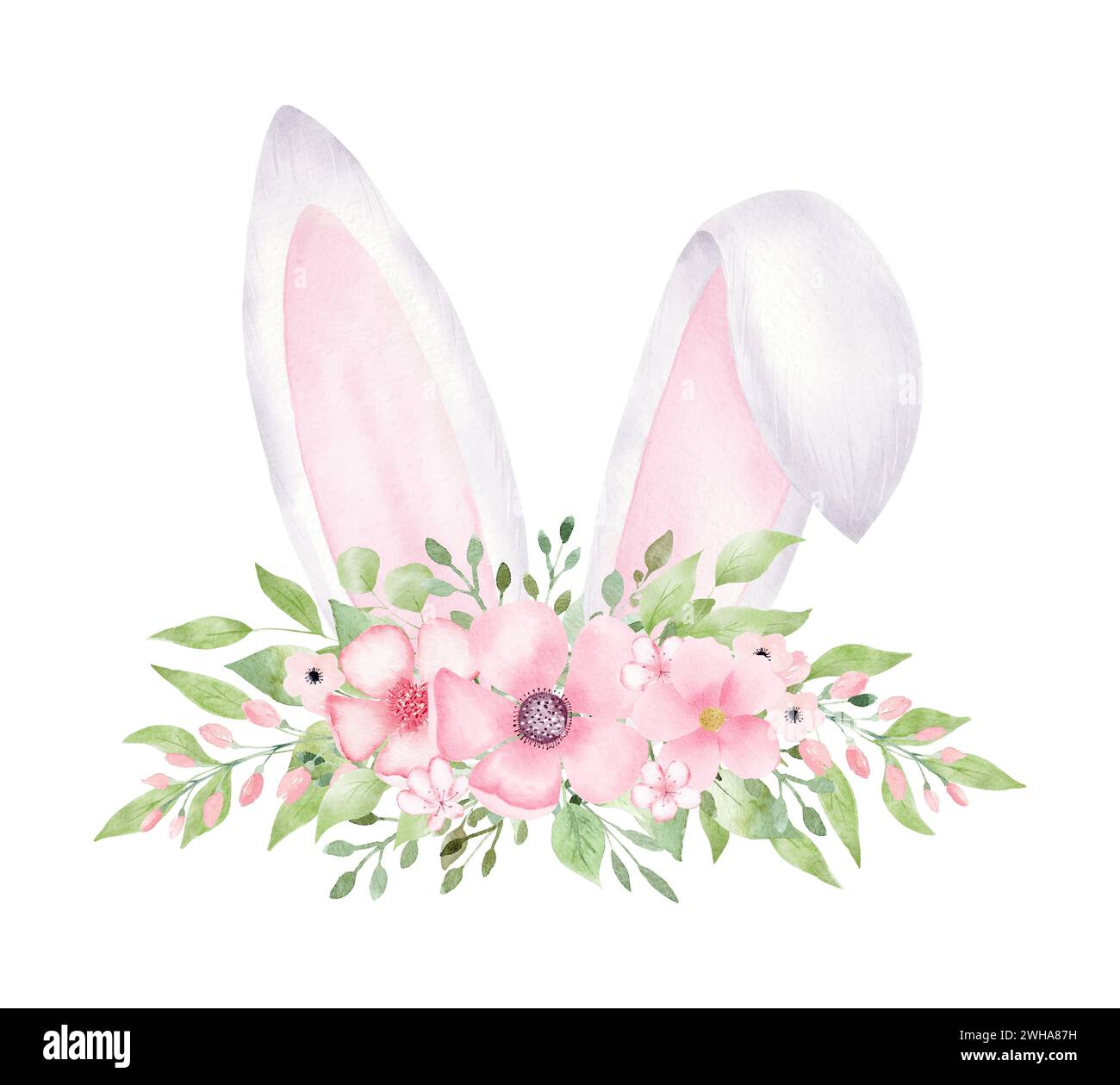 Watercolor Easter Bunny ears with flowers isolated on white background ...
