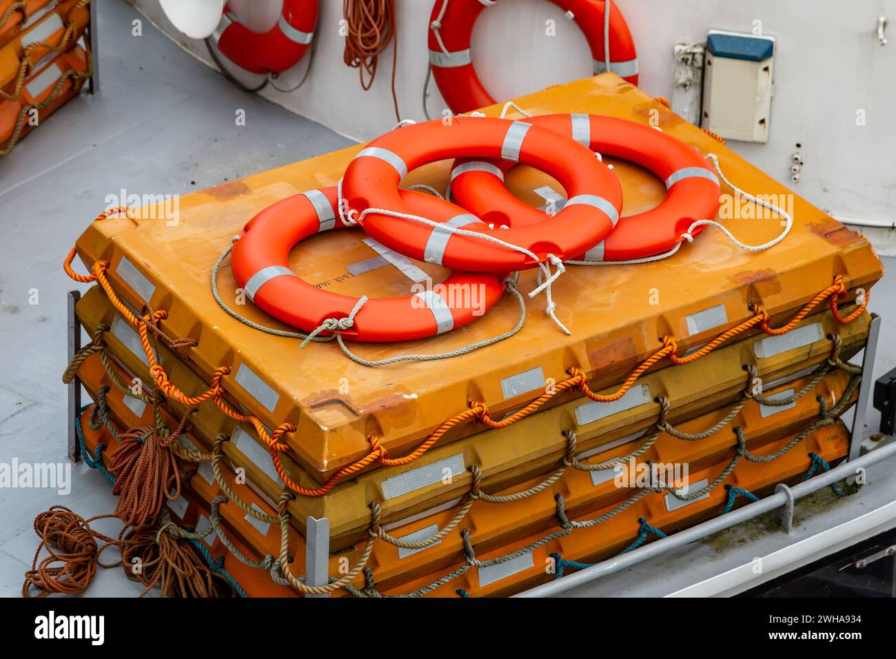 Life saving equipment on a boat Stock Photo - Alamy