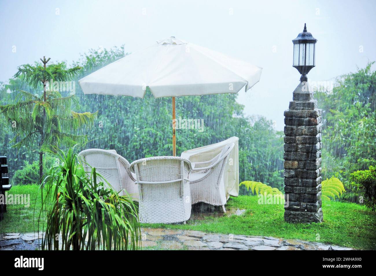 Table and chairs in rain, Elgin Mount Pandim Hotel, Pemayangtse ...