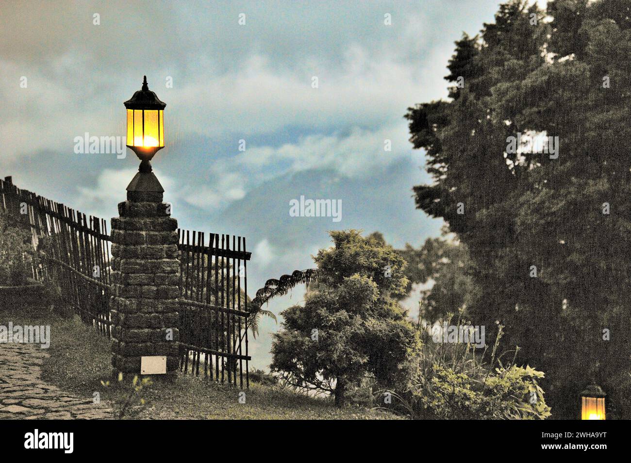 Lamp and fence, Elgin Mount Pandim Hotel, Pemayangtse, Pelling, Sikkim ...
