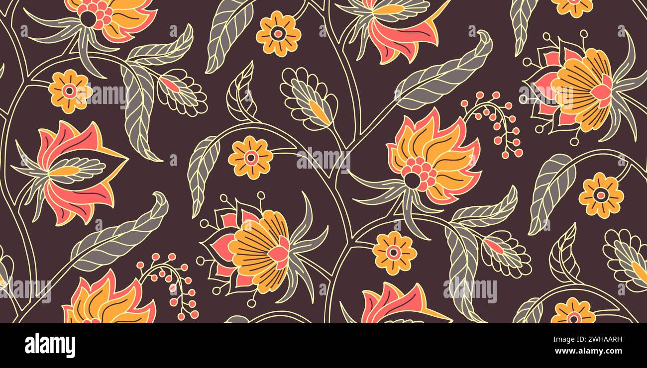 Seamless pattern with stylised indian style flowers and leaves on a ...