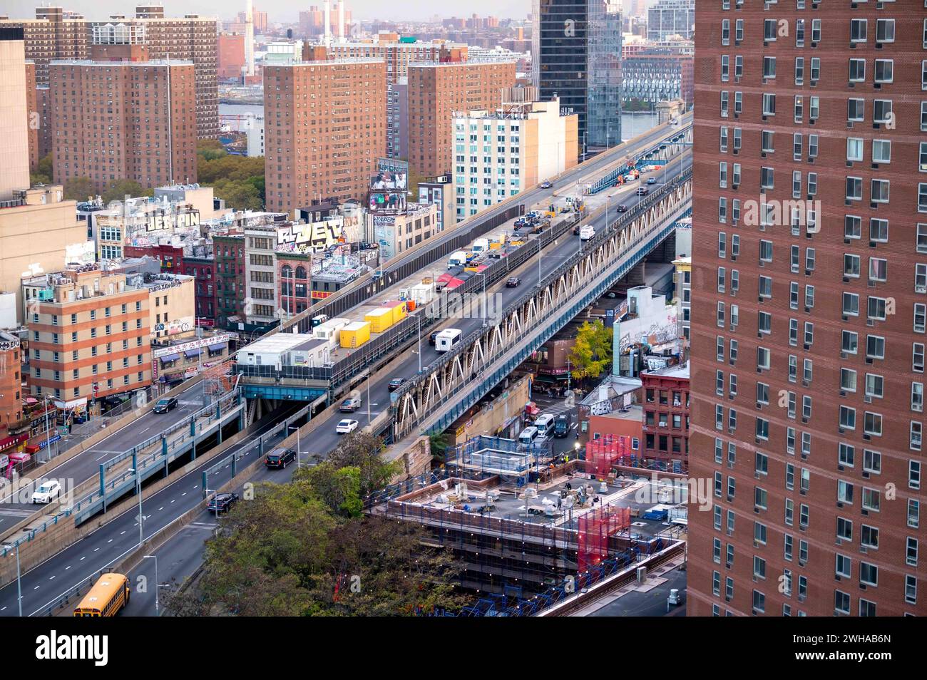 Aerial view of the Brooklyn Bridge entrance from the Bowery Stock Photo ...