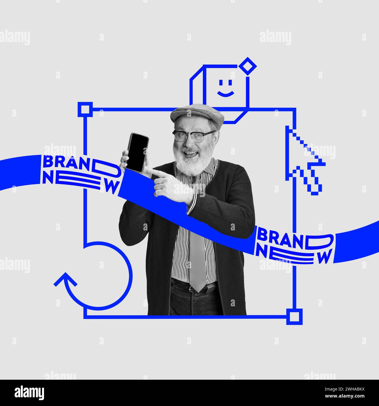 Senior man pointing on smartphone, digital line art and BRAND NEW ...