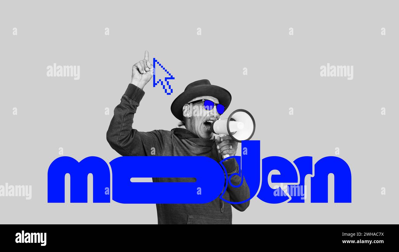 Senior man shouting in megaphone with digital computer element and word ...