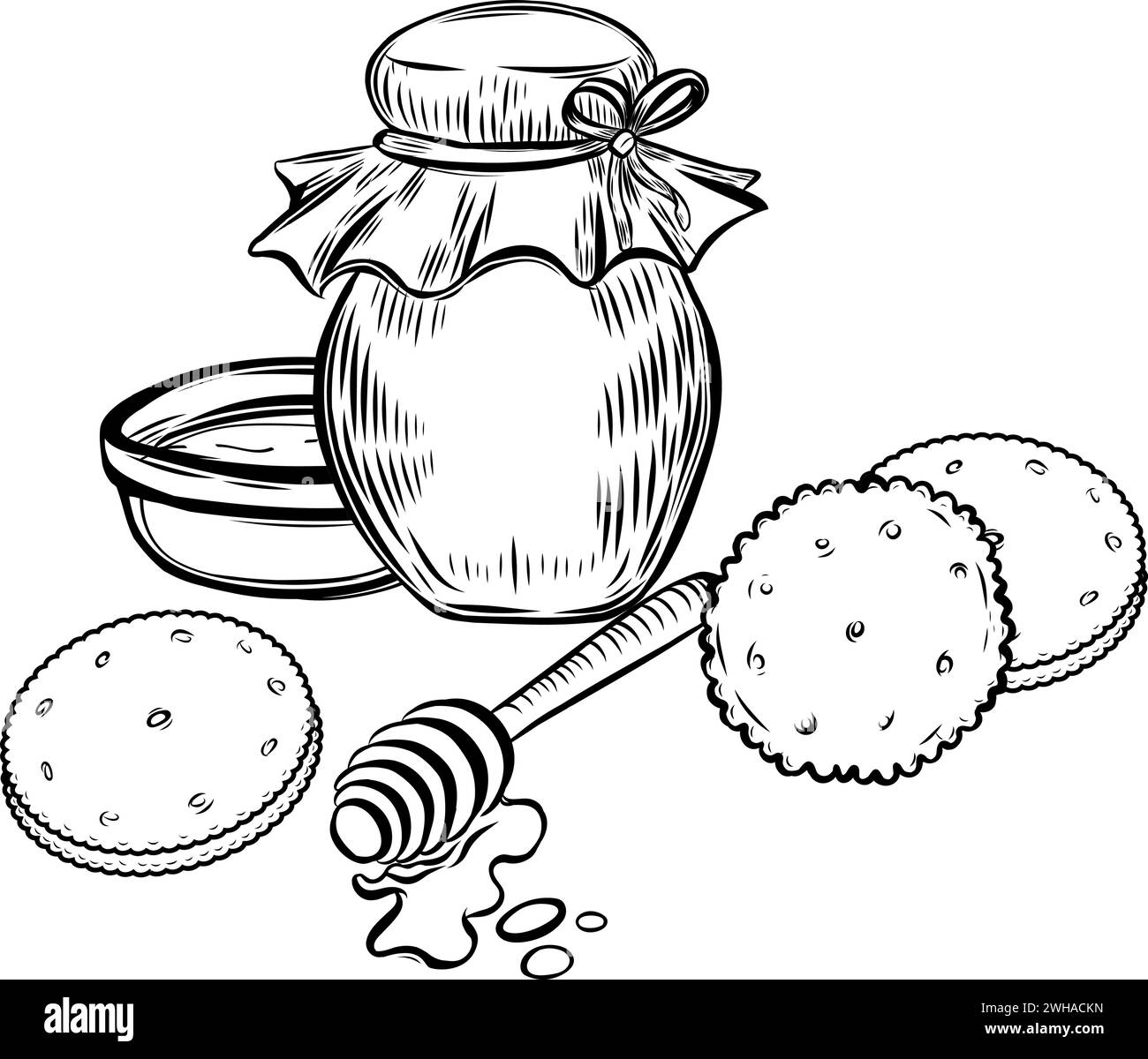 Honey and crackers line drawing isolated on white background Stock ...