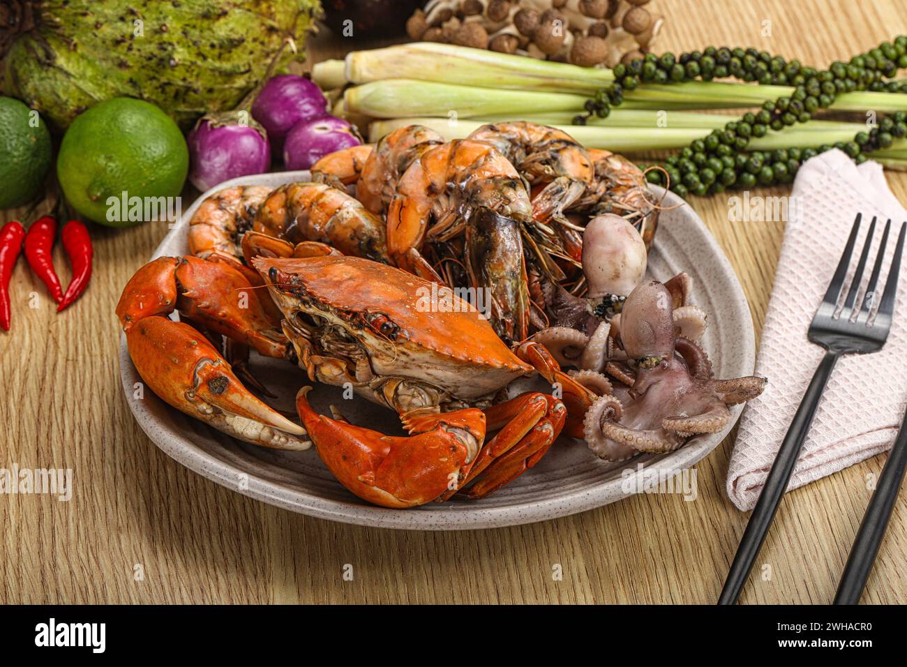 Luxury seafood mix - crab, tiger prawn, octopus Stock Photo - Alamy