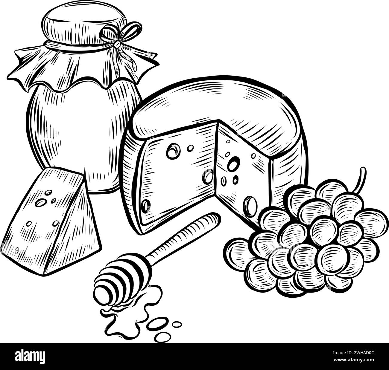 Cheese head, honey jar and grapes vector line drawing Stock Vector ...