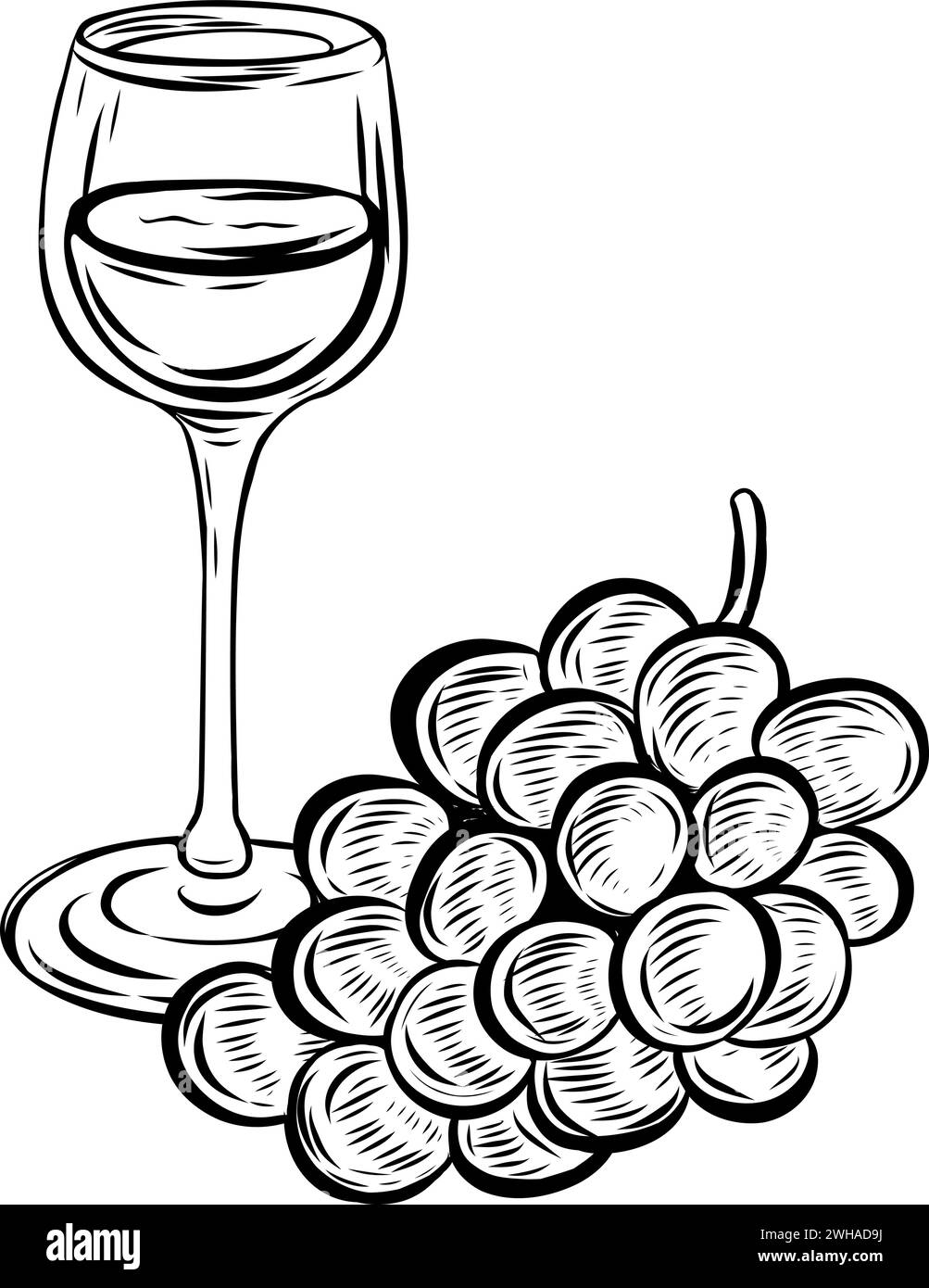 Wine glass and grape line drawing isolated on white background Stock ...