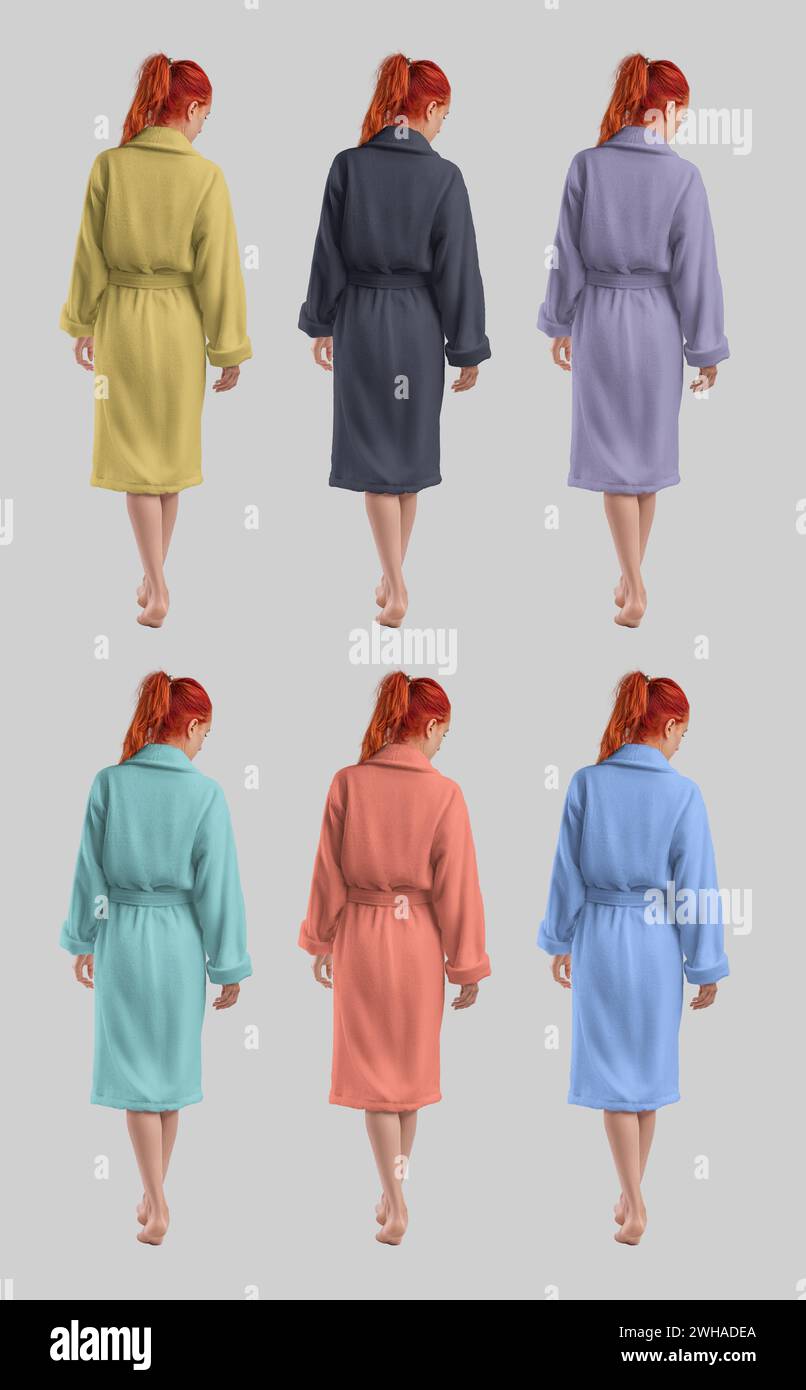 Template of colorful terry robes with a belt at the waist on a girl ...