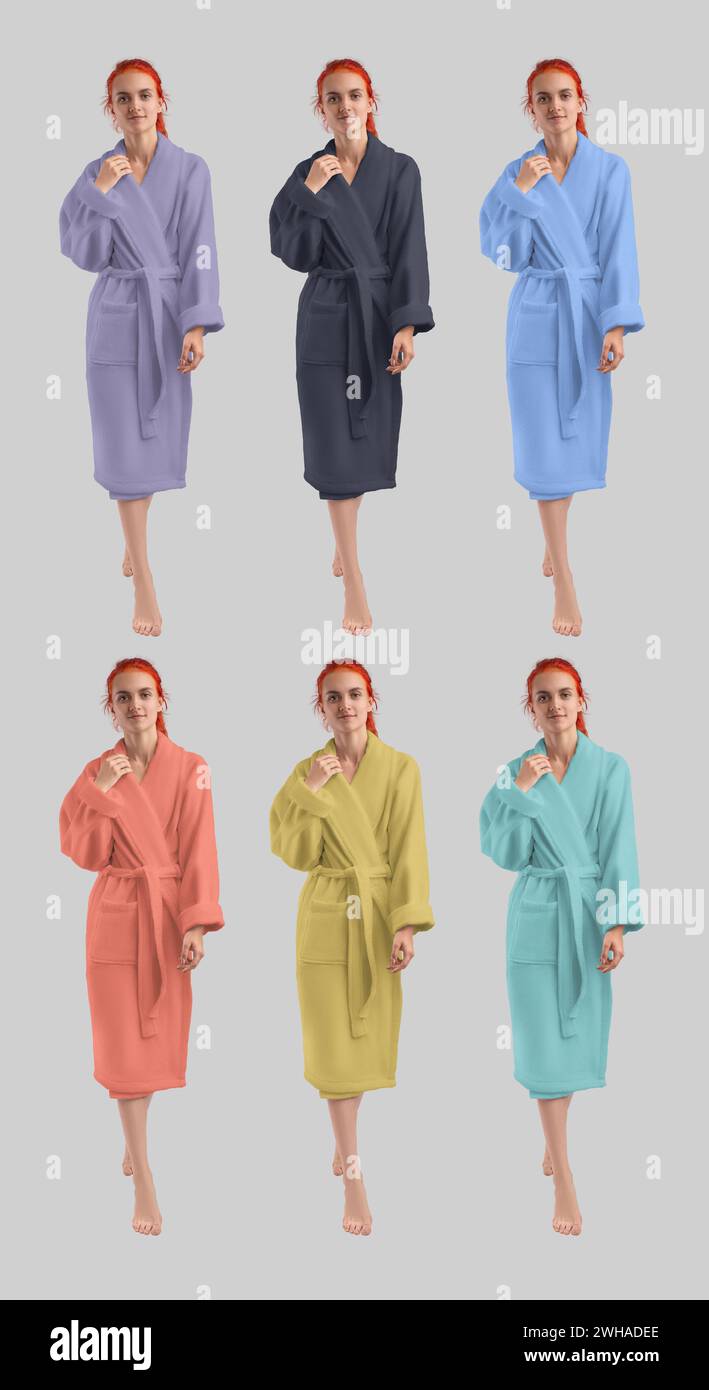 Mockup of colorful terry robes with a belt on a full-length red-haired ...