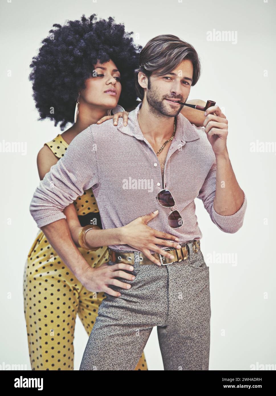 Couple, portrait and fashion with pipe for smoking, style or outfit on ...
