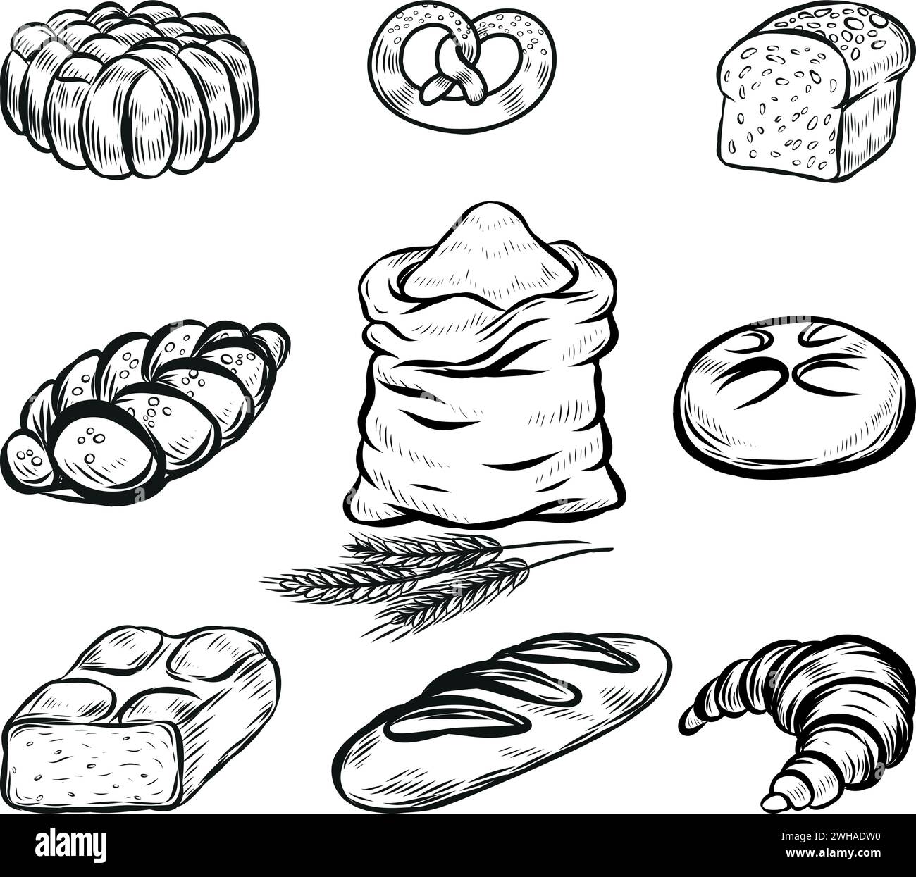 Flour sack and baked goods line drawing vector collection Stock Vector ...