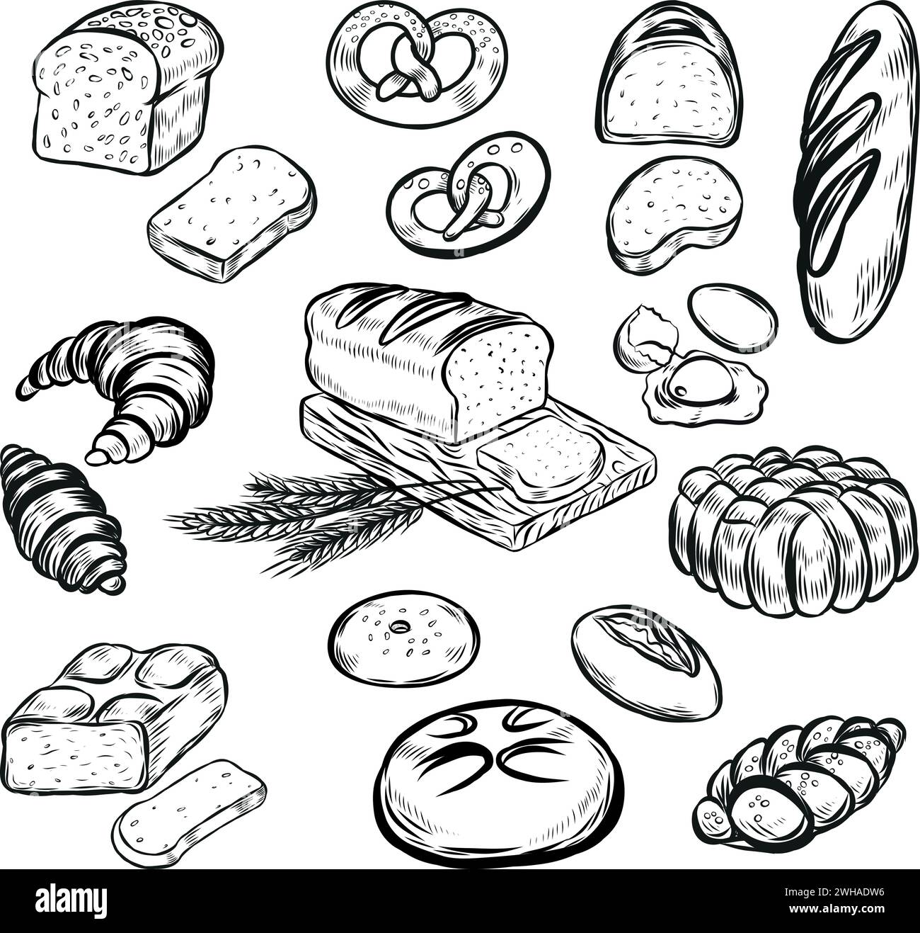 Baked pastries and breads line drawing isolated on white background ...