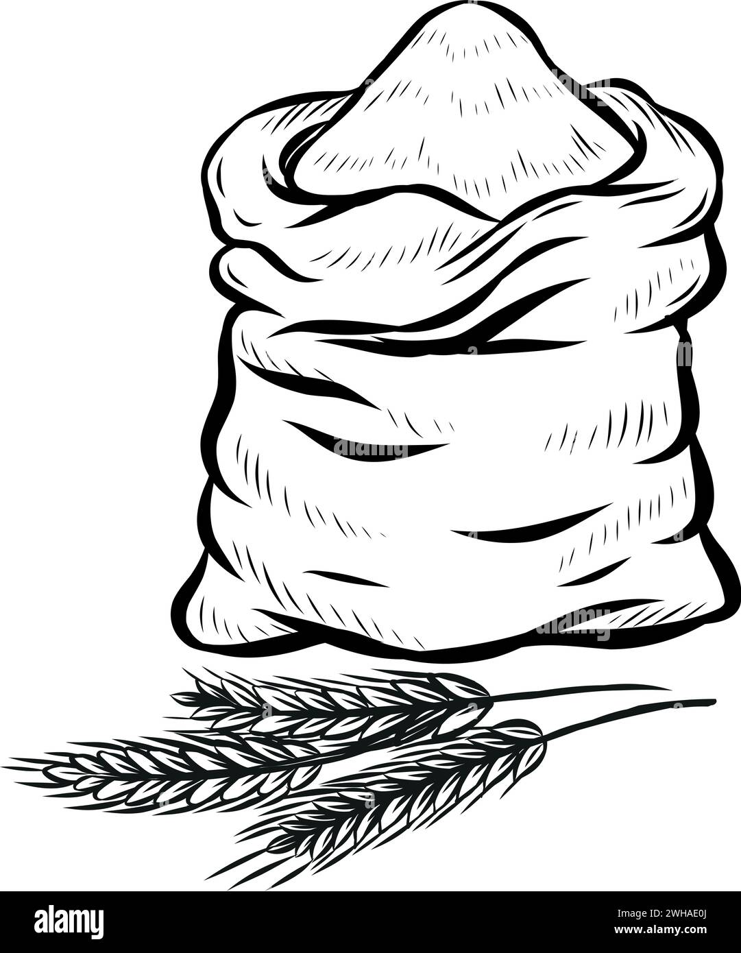 Wheat ears and flour bag line drawing isolated on white background ...