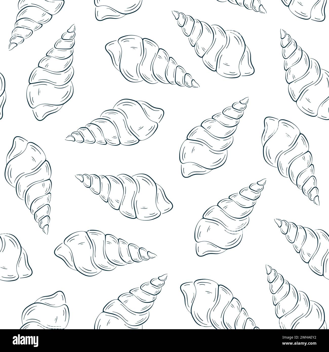Seashell seamless pattern in flat, line art style. Undersea summer ...