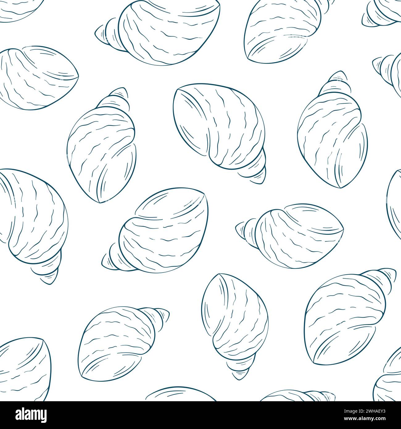 Seashell seamless pattern in line art style. Undersea shell repeat ...