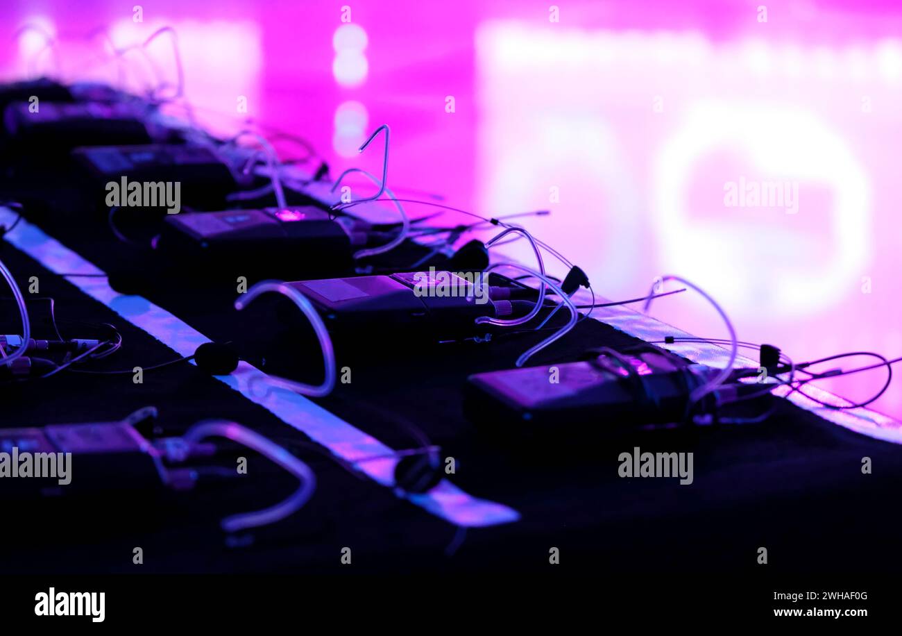 Clip-on microphones ready in the backstage area of a TV production ...
