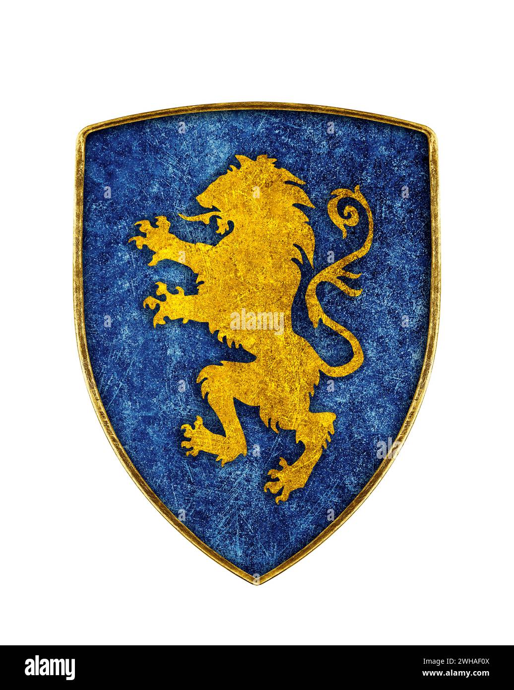 Golden medieval decorated shield with lion isolated on white background ...