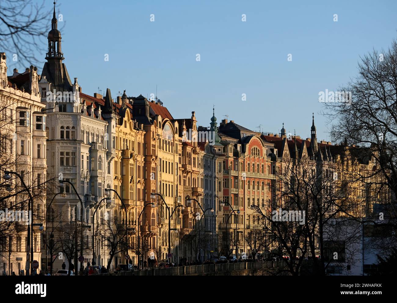 Beautiful building facades in Prague, Czech Republic, during the golden ...