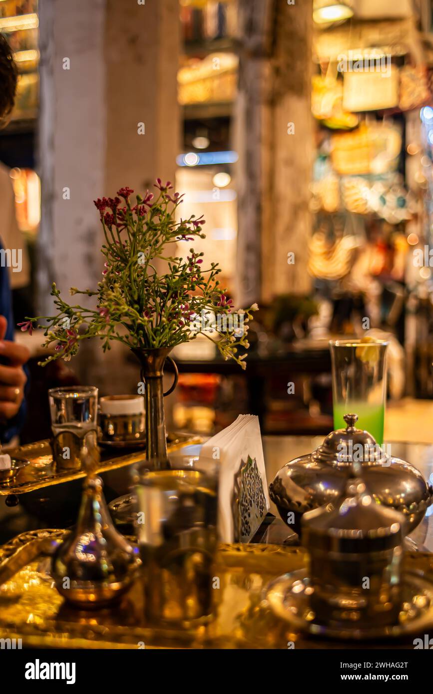 Explore the opulence of an old Turkish coffee set, a vintage display of ...