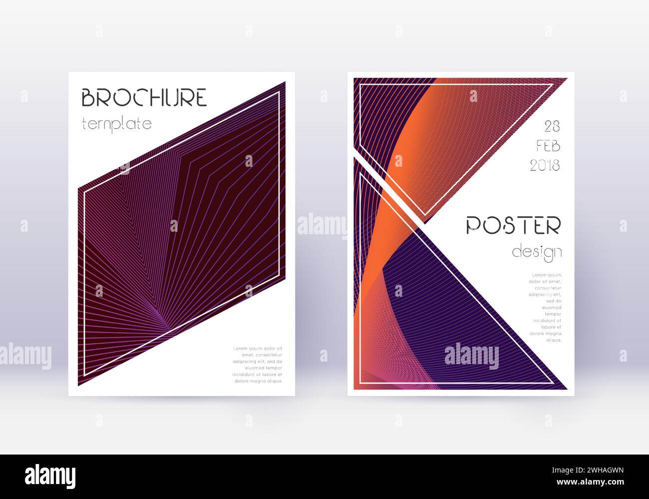 Triangle cover design template set. Violet abstract lines on dark ...