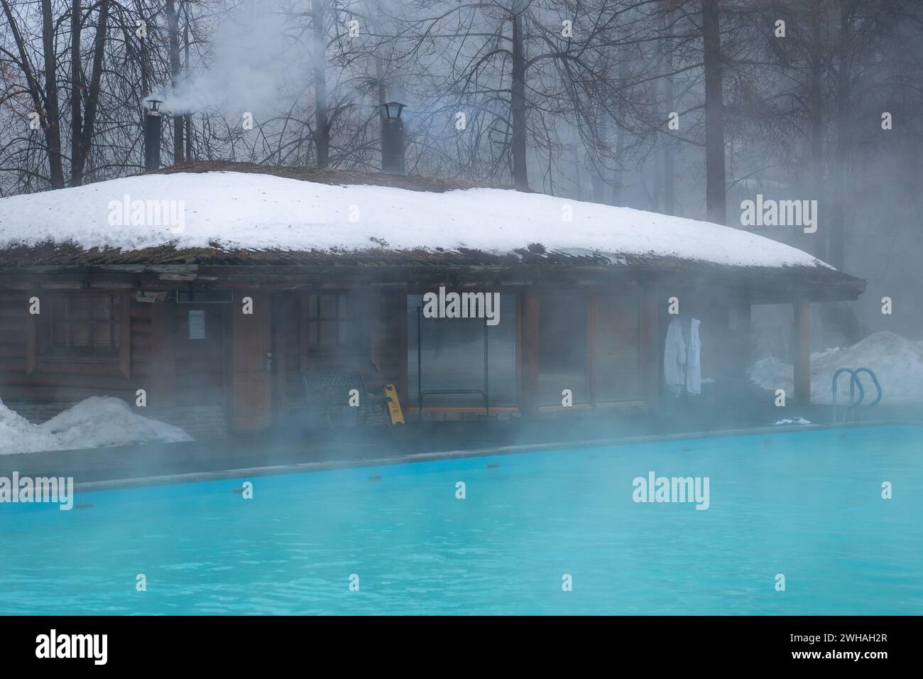 Wellness spa resort with hot outdoor empty swimming pool with thermal ...