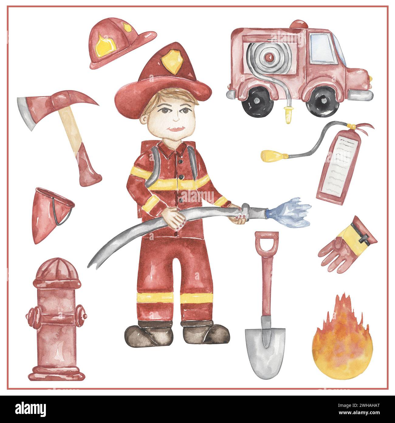 Watercolor fireman clipart, hand drawn illustration. Fireman working ...