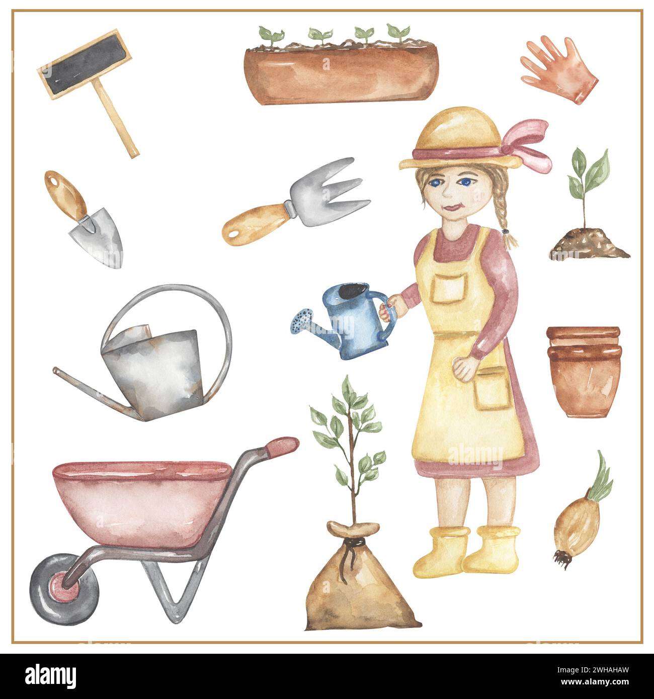 Watercolor gardener clipart, hand drawn illustration. Gardener working ...