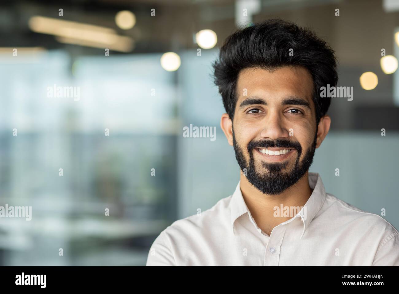 Happy Indian businessman with a beard at his office desk. Concept of ...