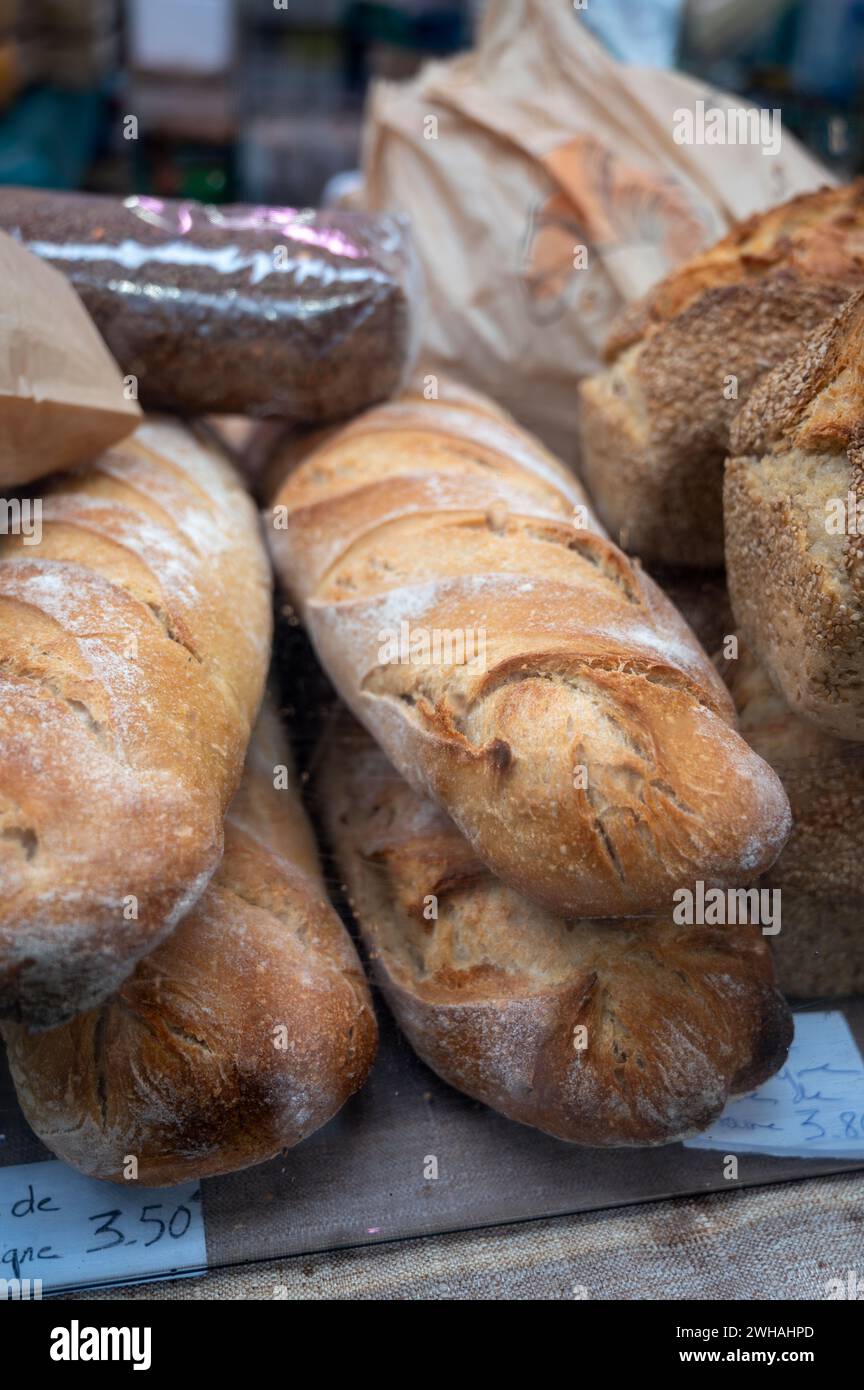 Sour dough bio bread made with natural yeast starter and baked in wood ...