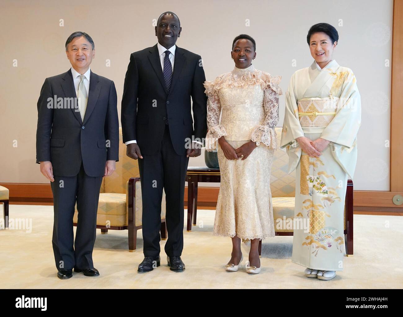 Japanese Emperor Naruhito (far L), Empress Masako (far R), Kenyan President William Ruto (2nd ...